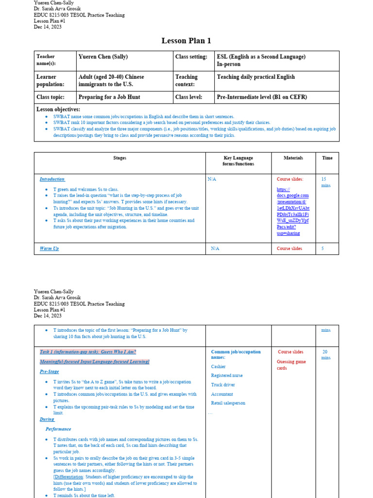 ESL Lesson Plan: Job Hunt Skills | PDF | English As A Second Or Foreign ...