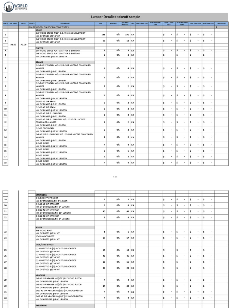Lumber Takeoff Pdf Lumber Architectural Elements