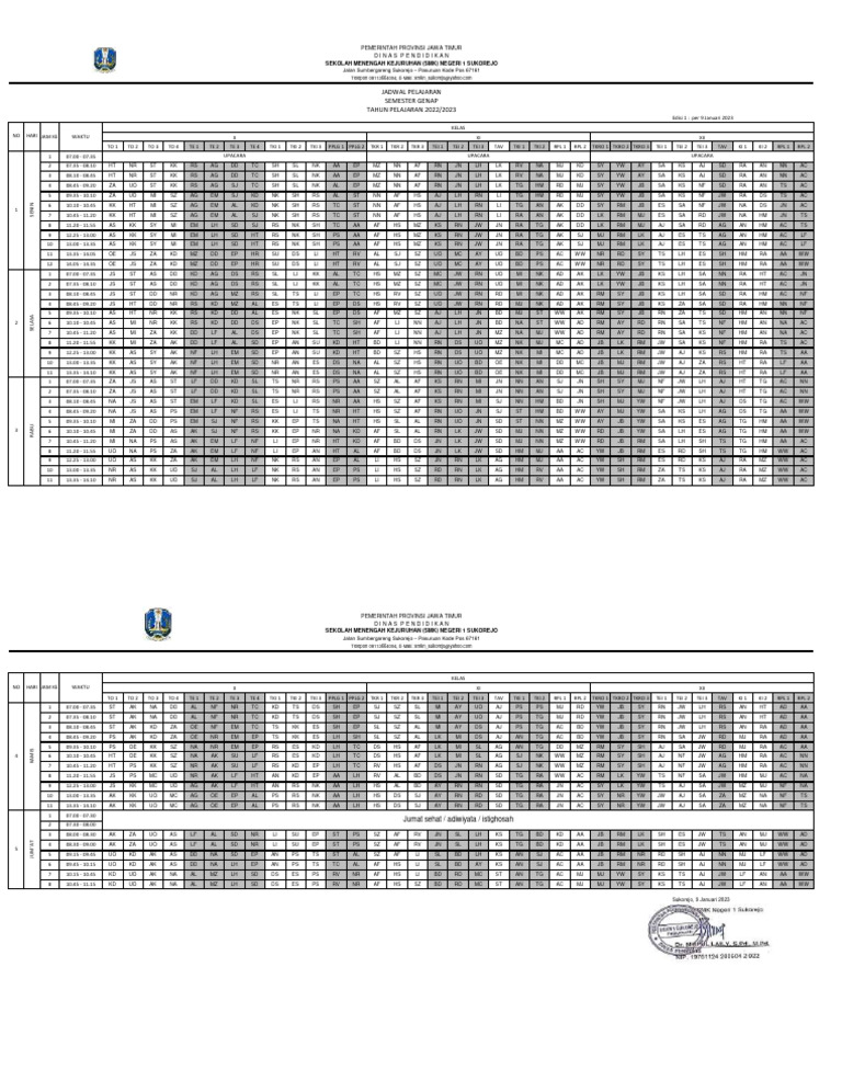 Jadwal Pelajaran Semester Genap TP 2022 - 2023 Edisi 9 Jan | PDF