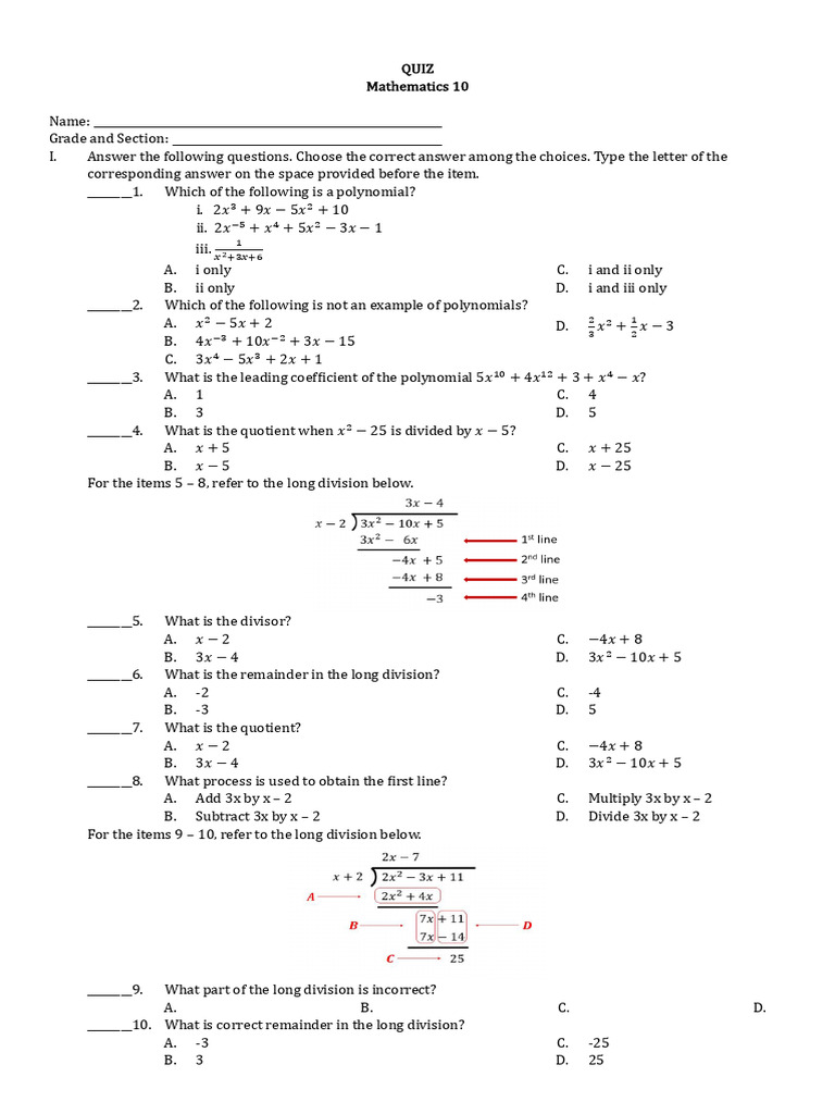 Math 10 Quiz Polynomials | PDF | Mathematics Of Computing | Algorithms