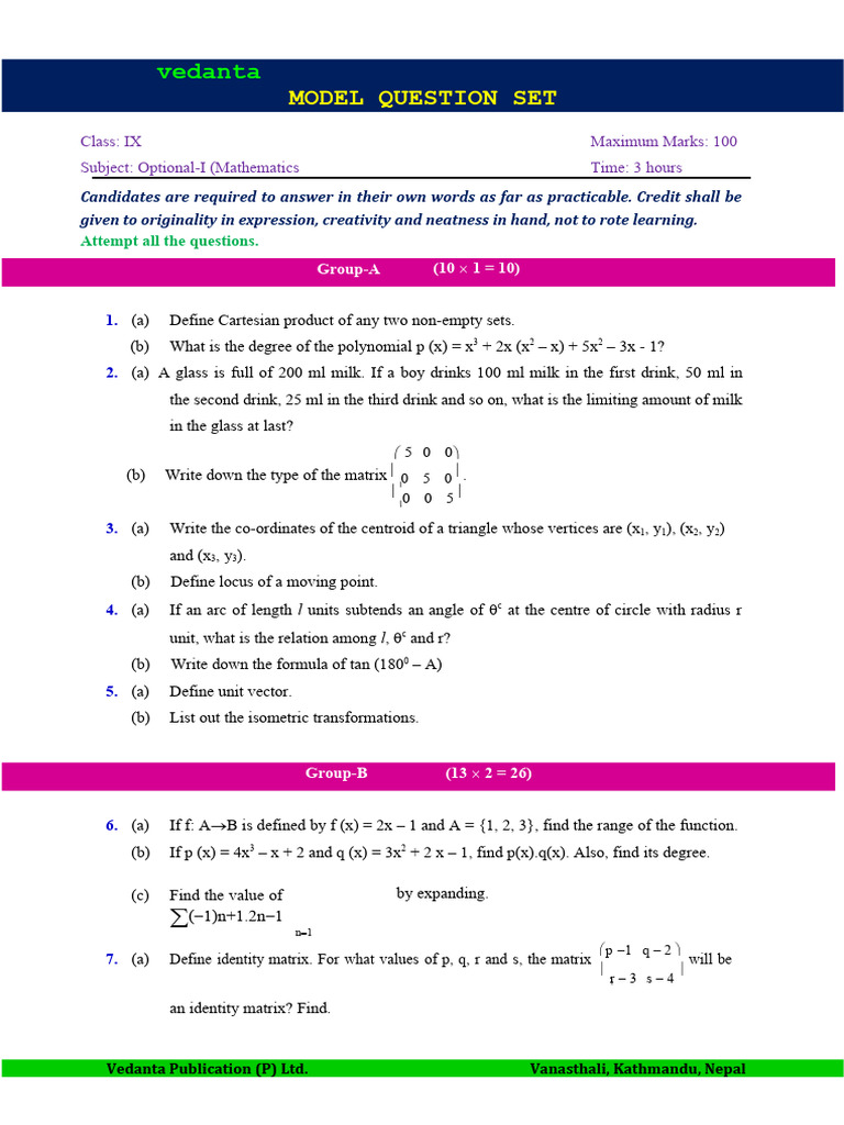 Model Question Set of Optional I Mathematic Class9 20210123185817 | PDF | Angle | Triangle