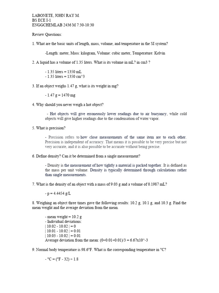ENGGCHEMLAB REVIEW QUESTIONS | PDF | Volume | Density