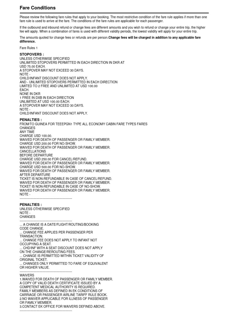 Emirates Fare Conditions | PDF | Fee | Fare