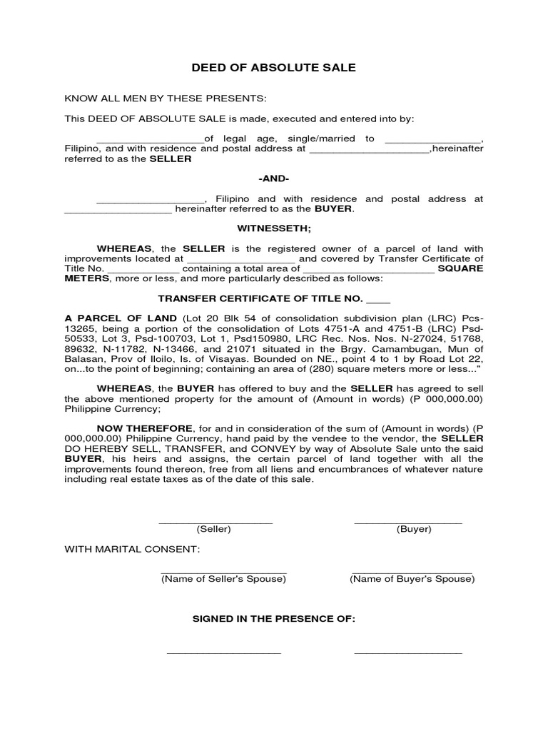 Deed of Absolute Sale | PDF | Sales | Justice