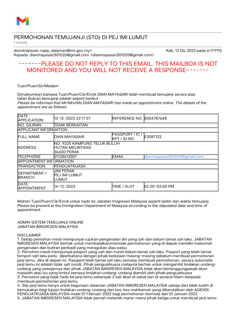 Gmail - PERMOHONAN TEMUJANJI (STO) DI PEJ IMI LUMUT | PDF
