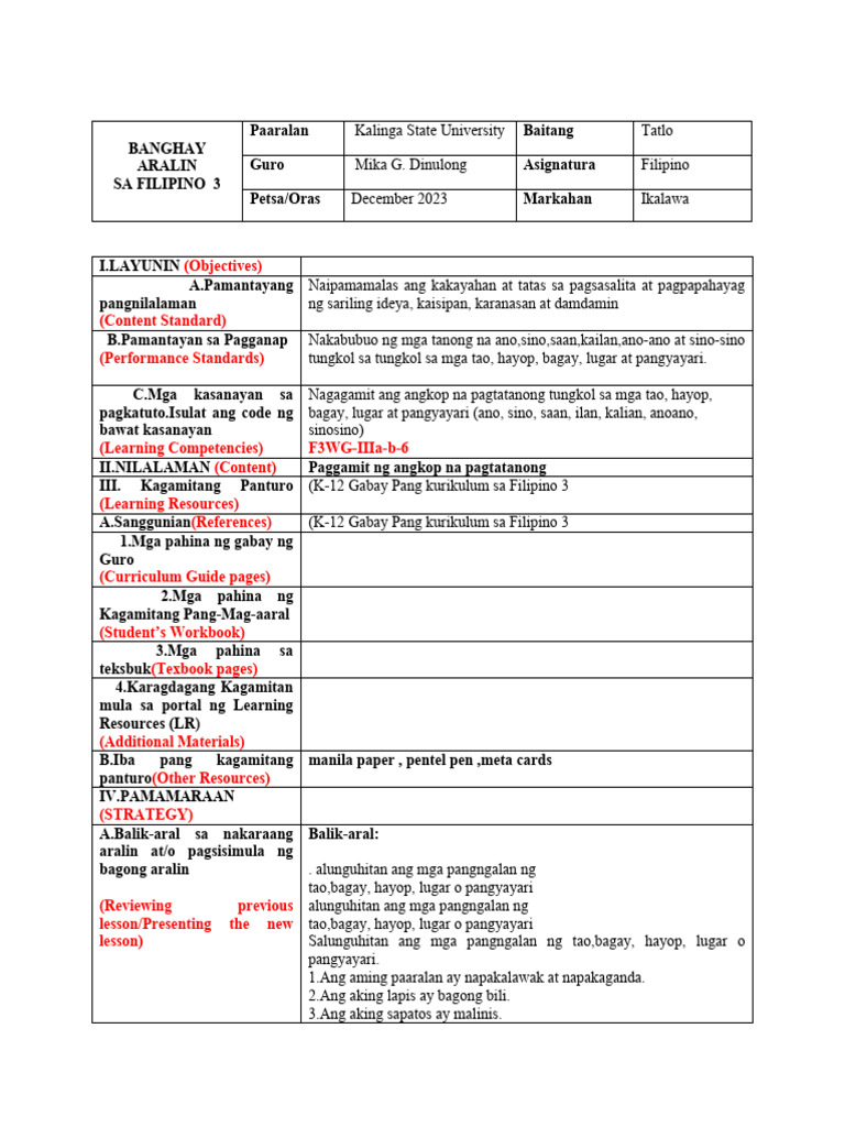 Banghay Aralin Sa Filipino Iv | PDF