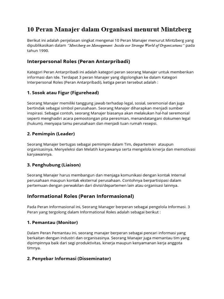 10 Peran Manajer Dalam Organisasi Menurut Mintzberg | PDF