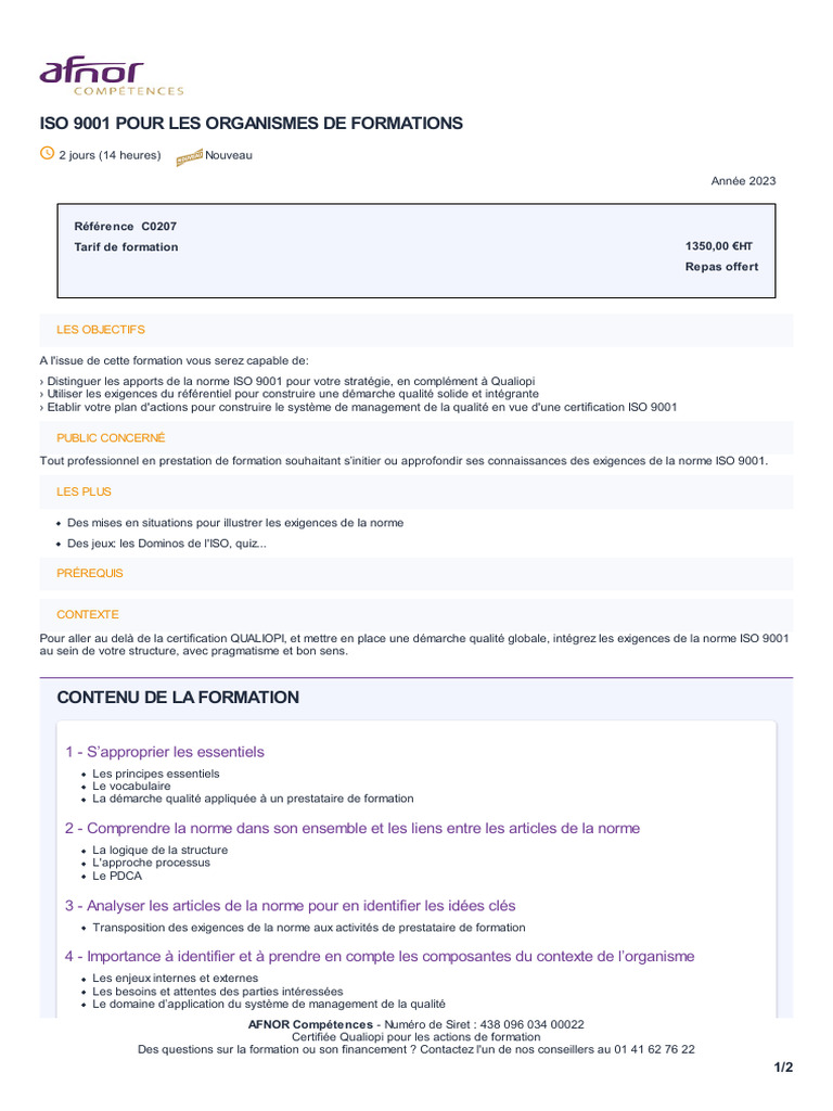 Formation ISO 9001 pour Organismes de Formation | PDF | Management de ...