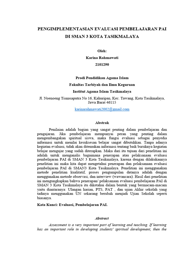 Karina Rahmawati - PAI A - Jurnal Hasil Observasi Evaluasi Pembelajaran ...