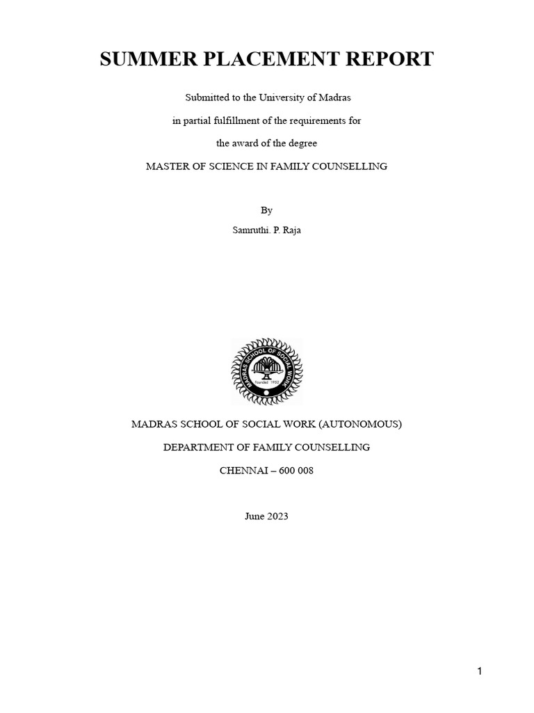 Samruthi - Summer Placement Report | PDF | Mental Disorder | Psychiatry