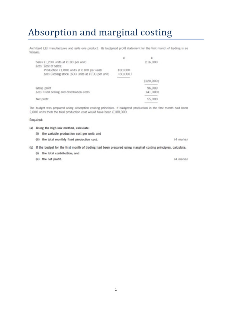 Absorption and Marginal Costing With Answers 2 | PDF | Cost Of Goods ...