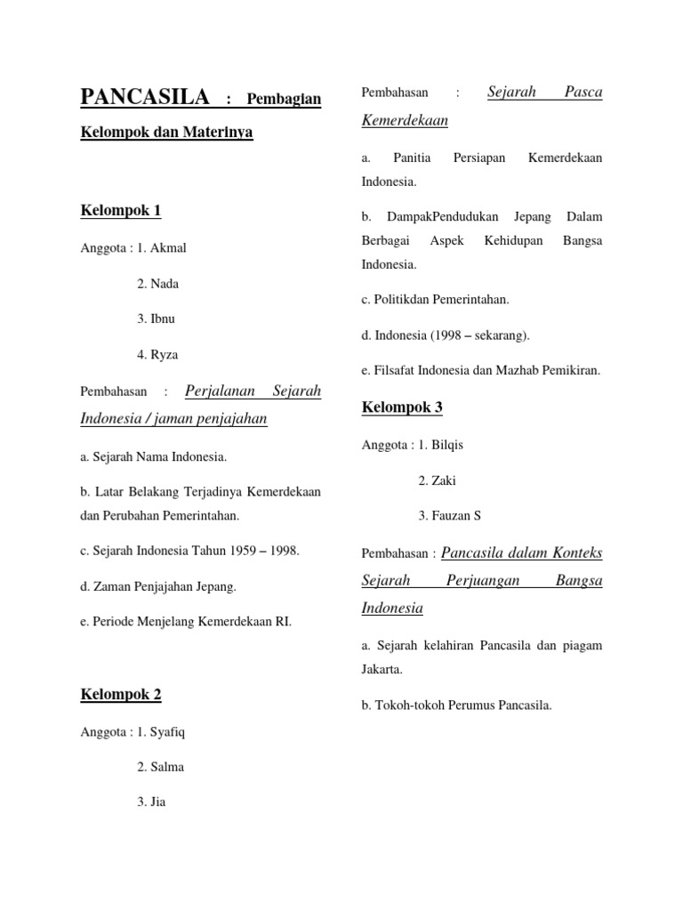 PANCASILA Pembagian Kelompok Dan Materi | PDF | Ilmu Sosial | Sejarah