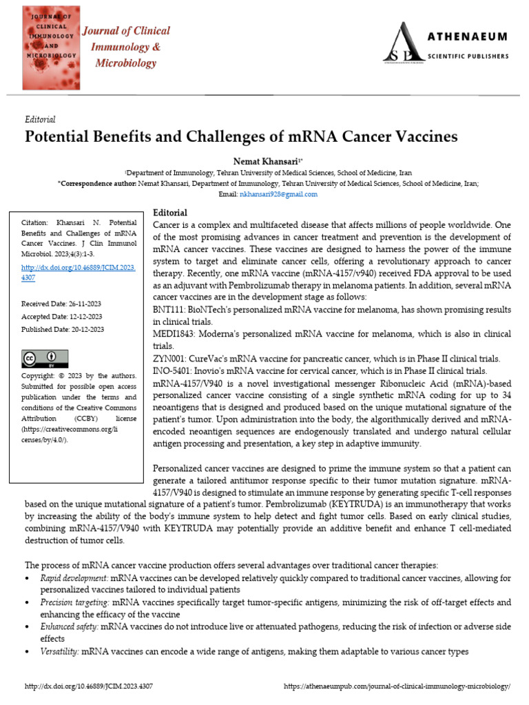 Potential Benefits and Challenges of MRNA Cancer Vaccines | Download ...
