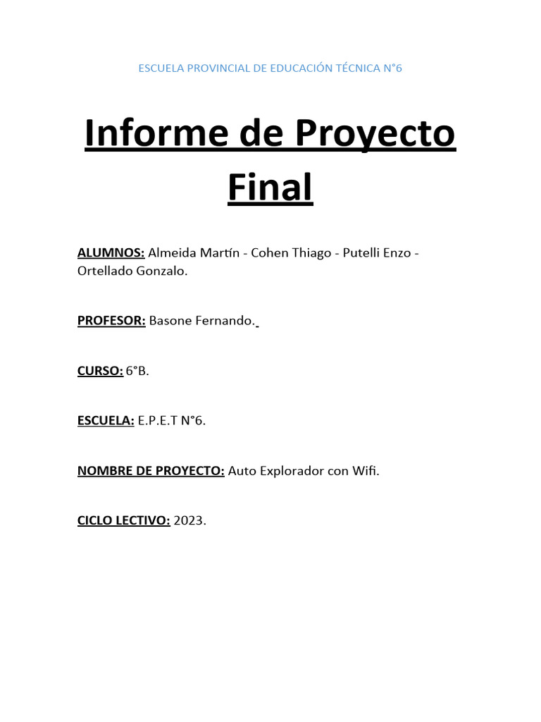 Informe de Proyecto Final 6°b. (1) (1) - 1 | PDF | Arduino | Microcontrolador