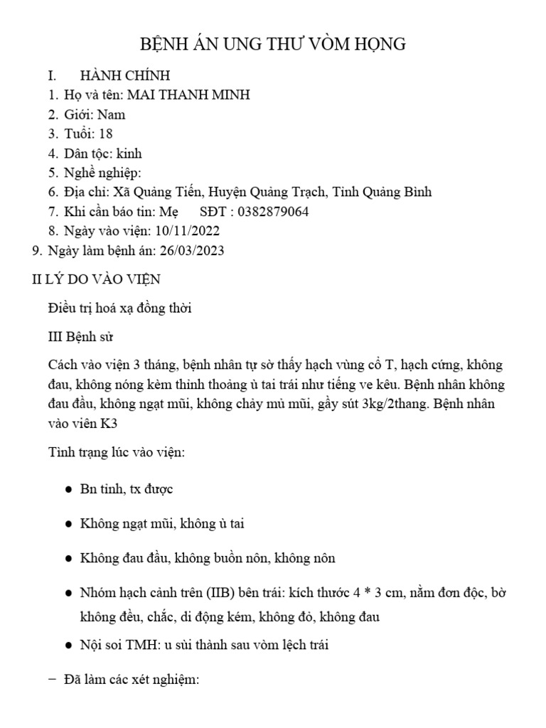 BỆNH ÁN UNG THƯ VÒM HỌNG | PDF