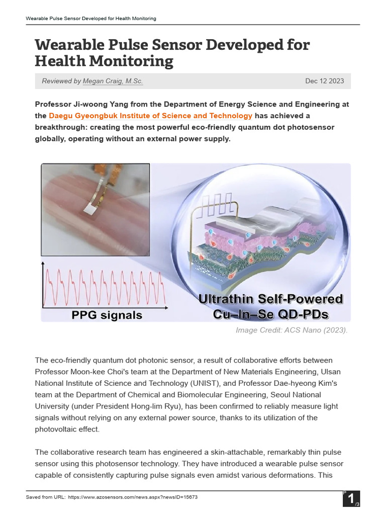 Wearable Pulse Sensor Developed For Health Monitoring | PDF | Wearable ...