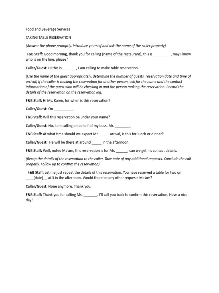 Taking Table Reservation (Script) | PDF
