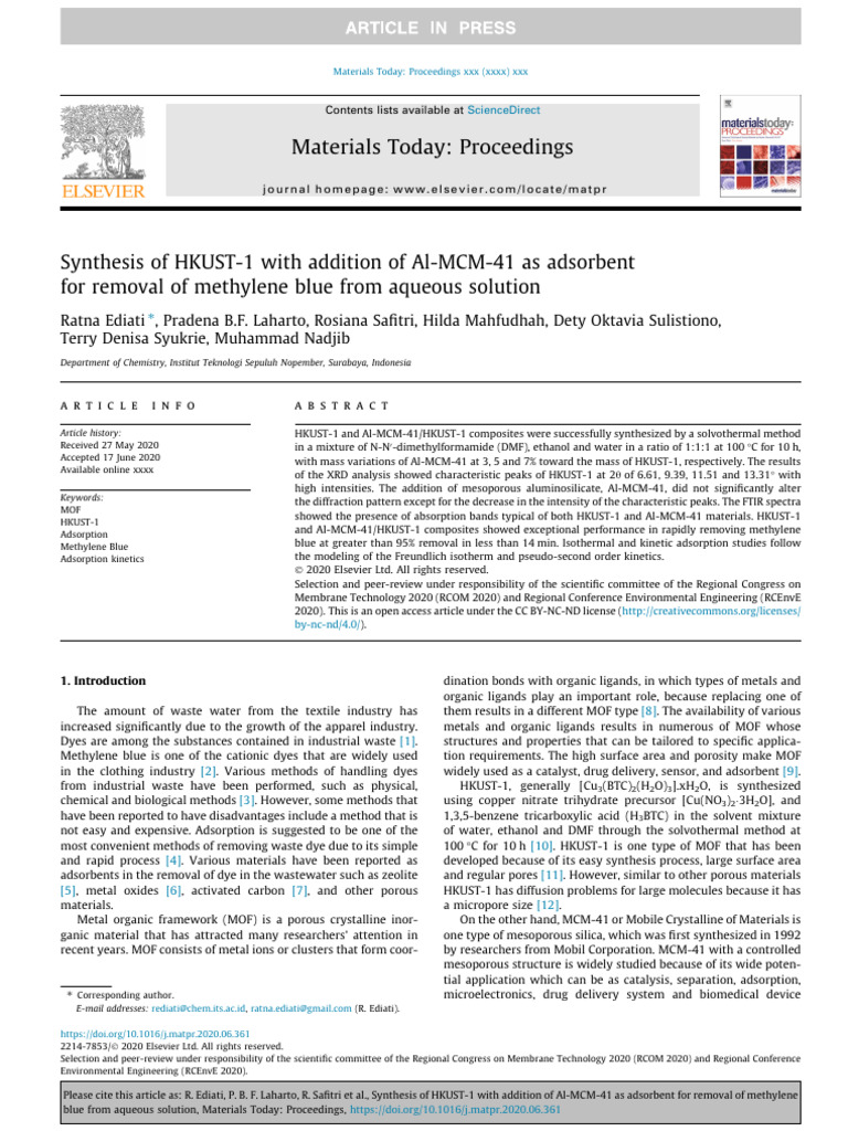 Synthesis of HKUST-1 With Addition of Al-MCM-41 As | PDF | Adsorption | Applied And ...