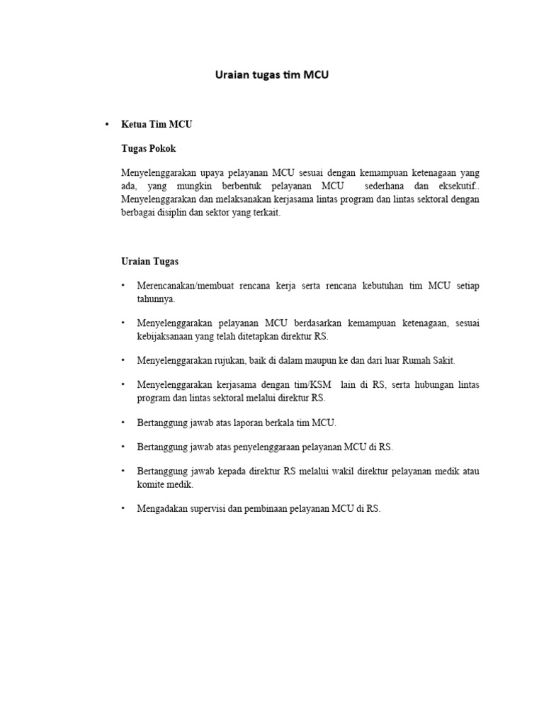 Uraian Tugas Tim MCU | PDF