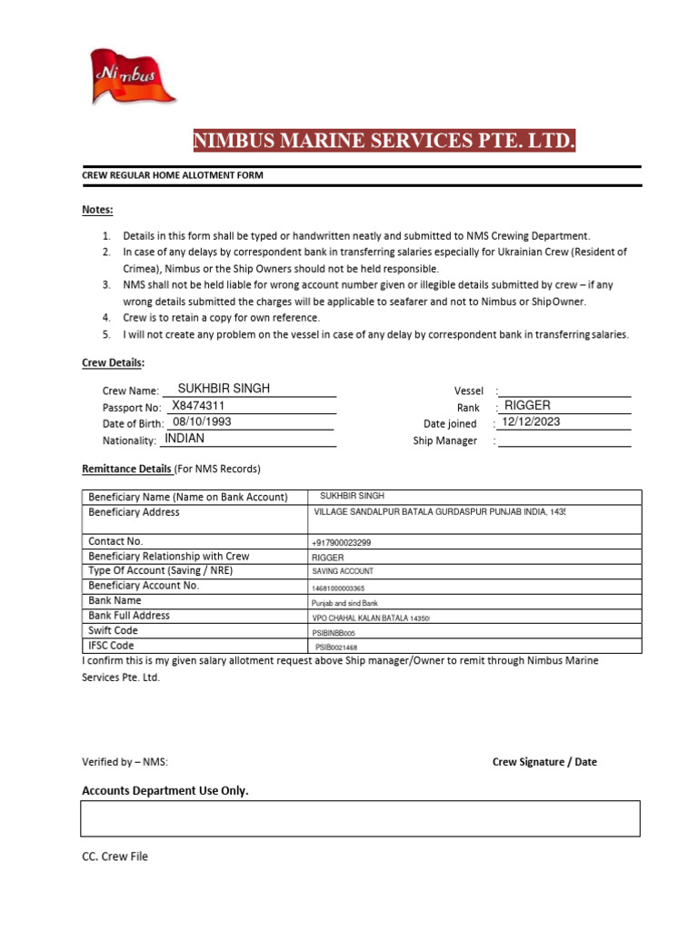 Seafarer Home Allotment Form Guide | PDF