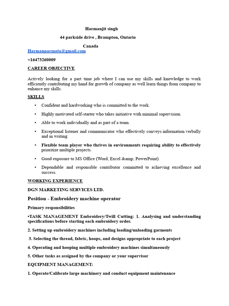 Harman Resume Embroidery | PDF | Self-Improvement