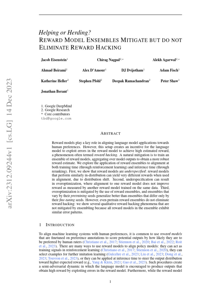 Helping or Herding? REWARD MODEL ENSEMBLES MITIGATE BUT DO NOT ELIMINATE REWARD HACKING | PDF ...