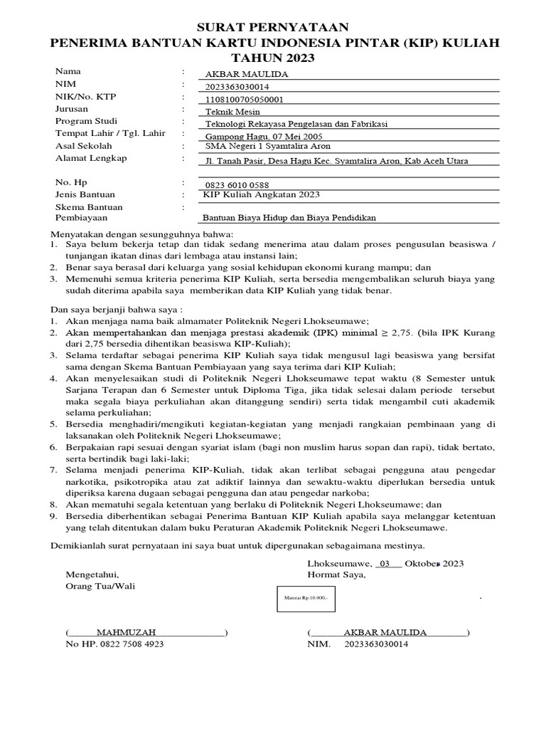 Surat Pernyataan Kipk 2023 | PDF