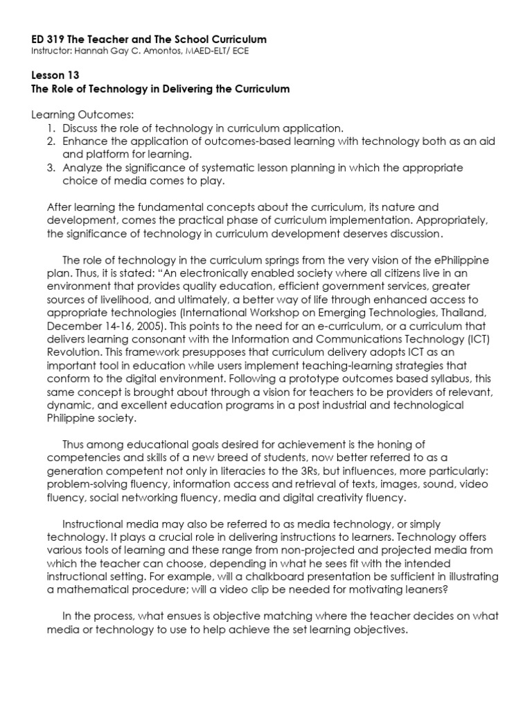 Lesson 13 The Role of Technology in Delivering The Curriculum | Download Free PDF | Educational ...