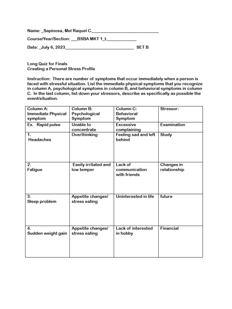 Uts Long Quiz | PDF | Stress (Biology) | Psychology