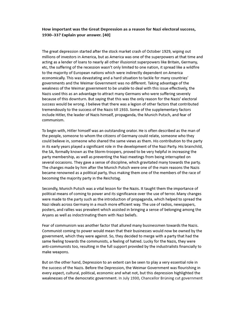 Great Depression's Role in Nazi Success | PDF | Nazi Party | Nazi Germany