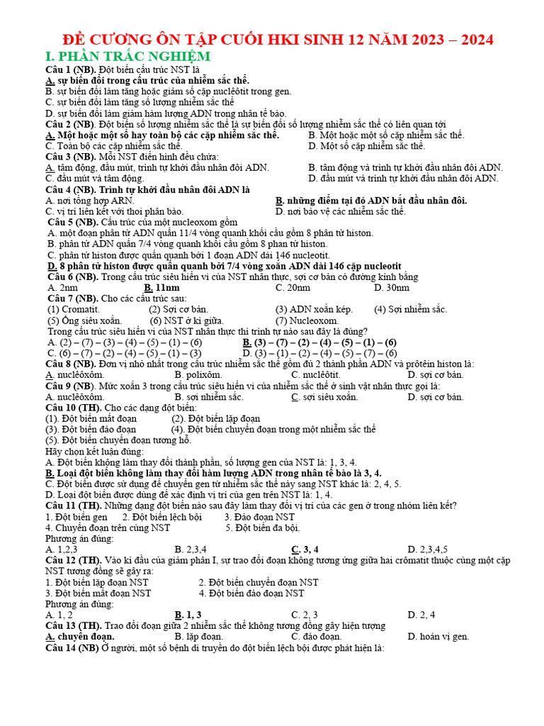 ĐỀ CƯƠNG SINH 12 HKI - 2023-24 | PDF