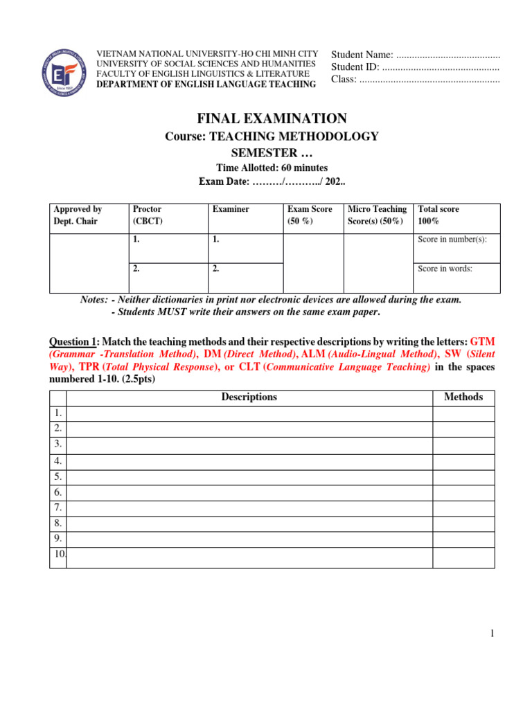 Tm-Final Test Template | PDF | Question | Rain