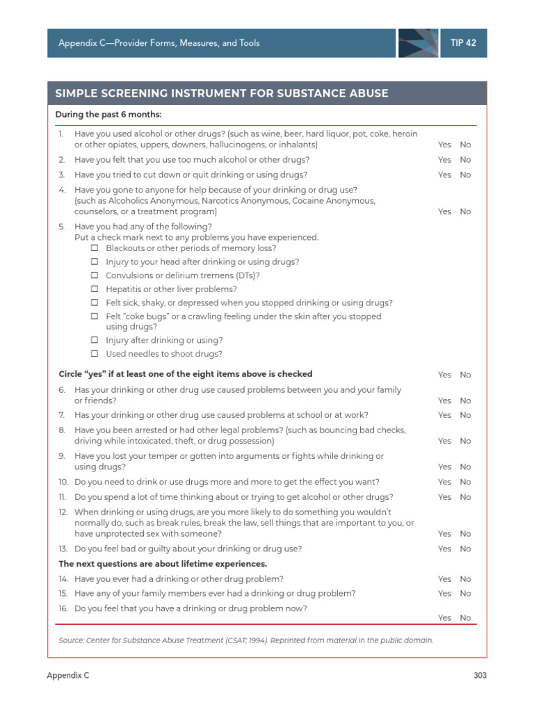 Simple Screening Instrument For Substance Abuse: Appendix C-Provider ...