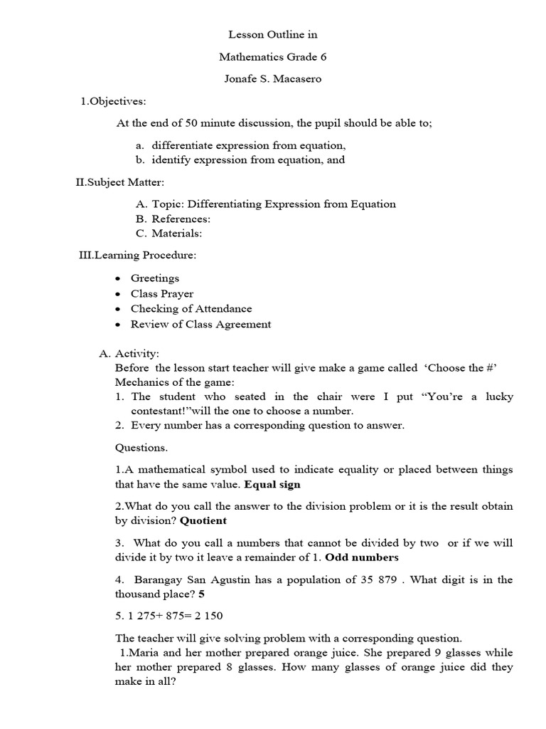 Lesson Outline in Grade 6 | PDF | Equations | Mathematics
