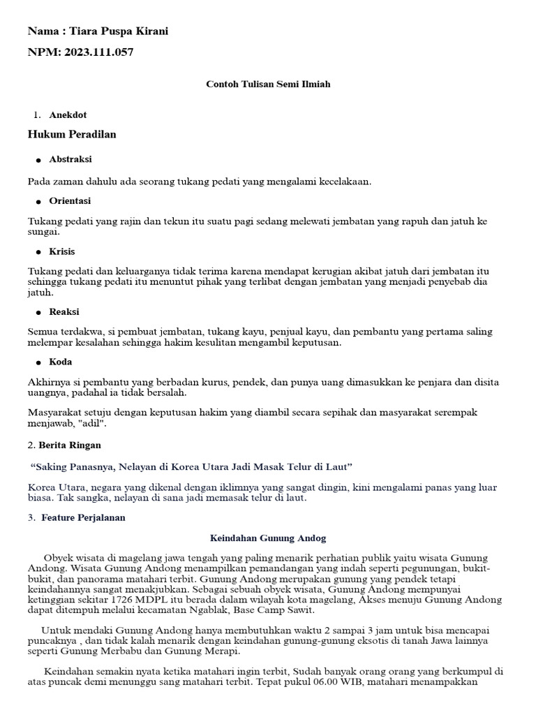 Contoh Tulisan Semi Ilmiah - Tiara | PDF