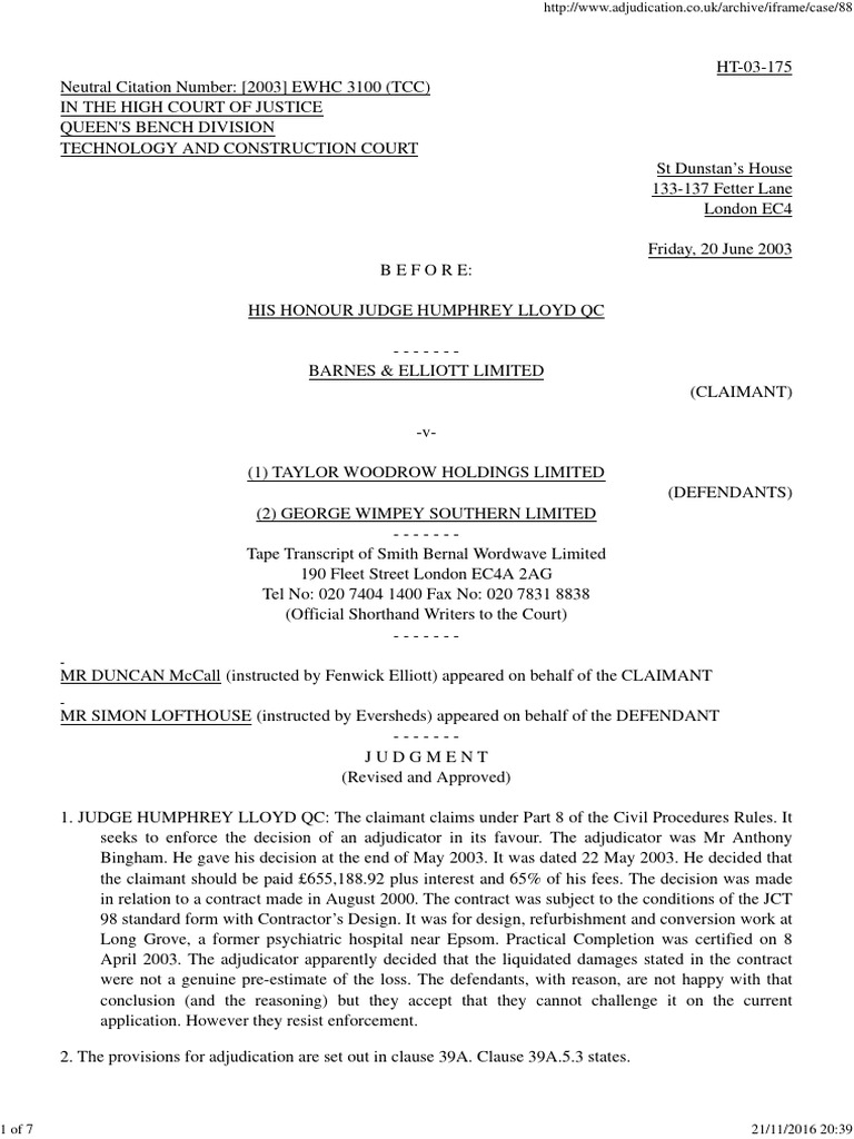 Barnes and Elliot V Taylor Woodrow (2003) EWHC 3100 (TCC) | PDF ...
