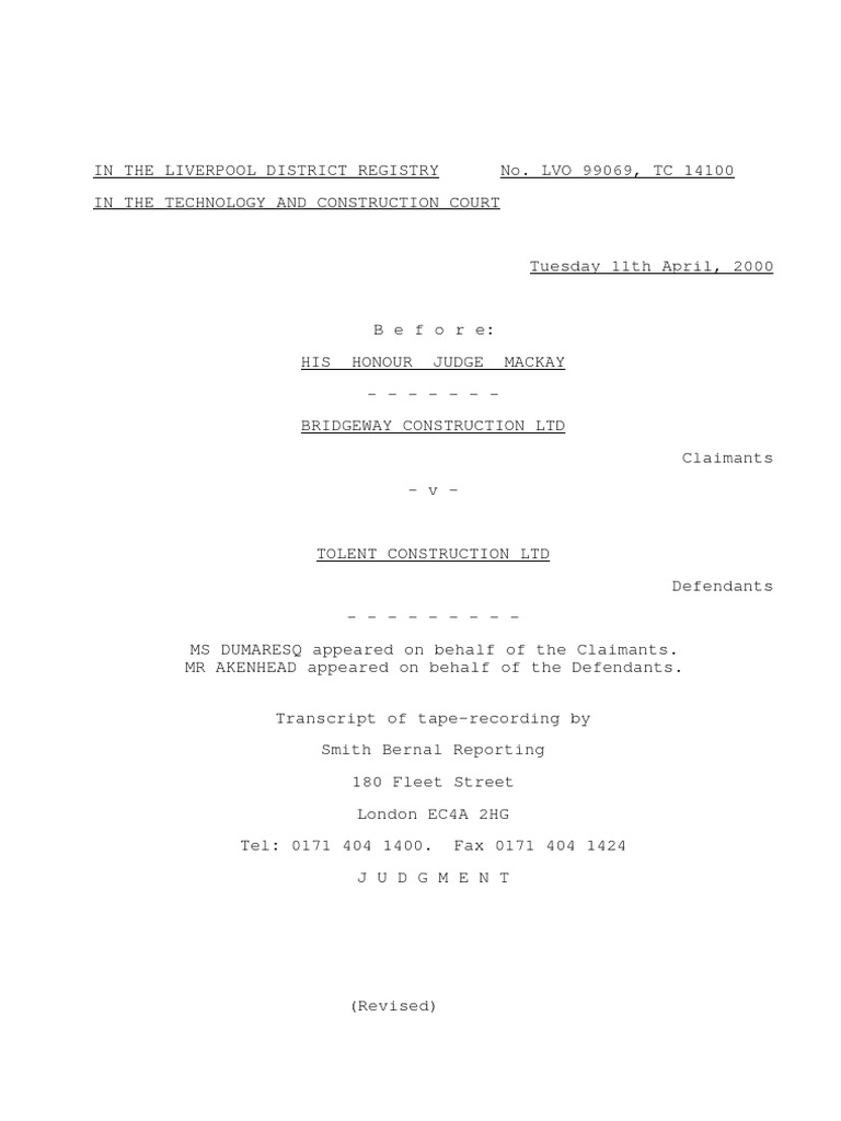 Bridgeway Construction V Tolent Construction 2000 WL 1027055 | PDF ...