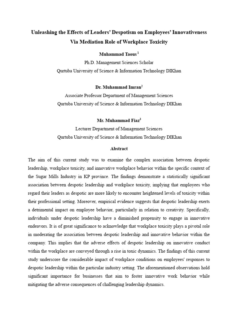 Unleashing The Effects of Leaders' Despotism On Employees ...