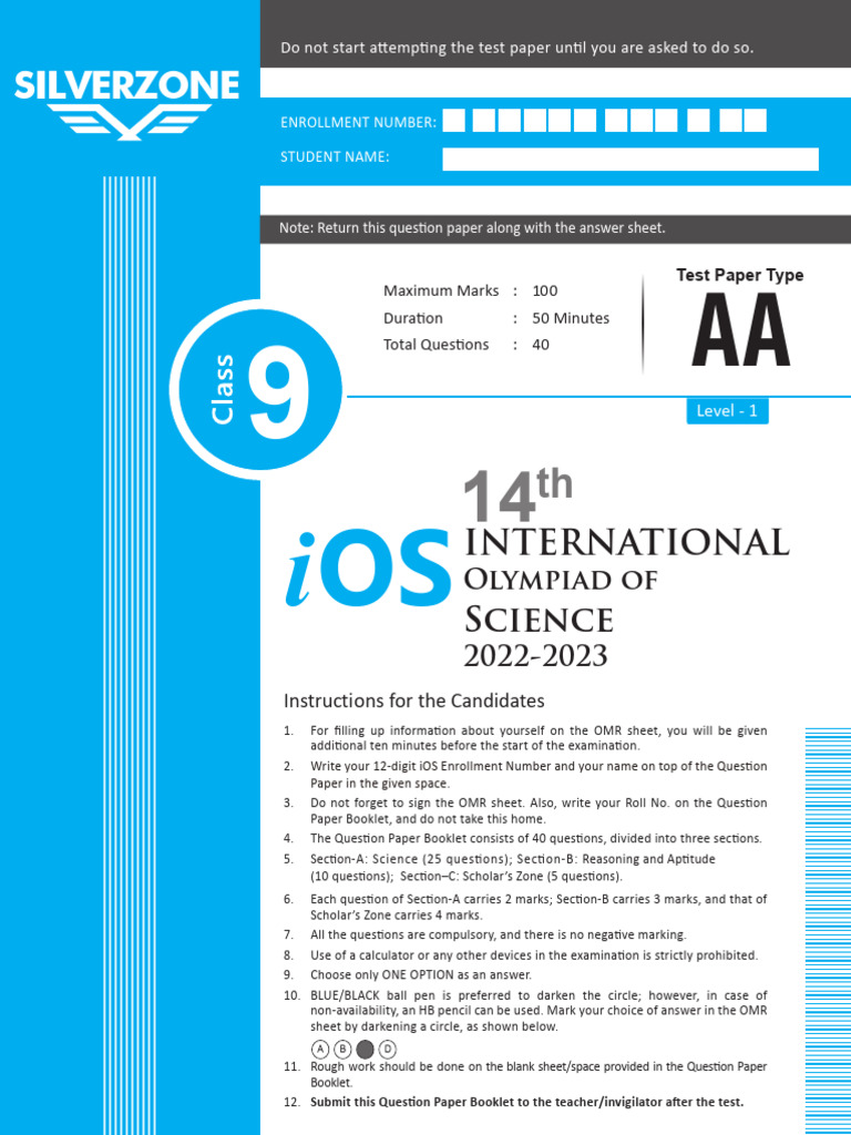 iOS Class 9 Science Olympiad Paper | PDF | Tissue (Biology) | Atoms