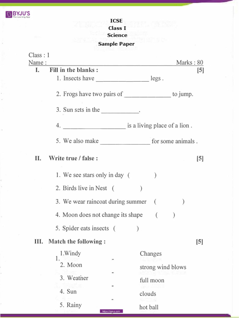ICSE-Class-1-Science-Sample-Paper | PDF