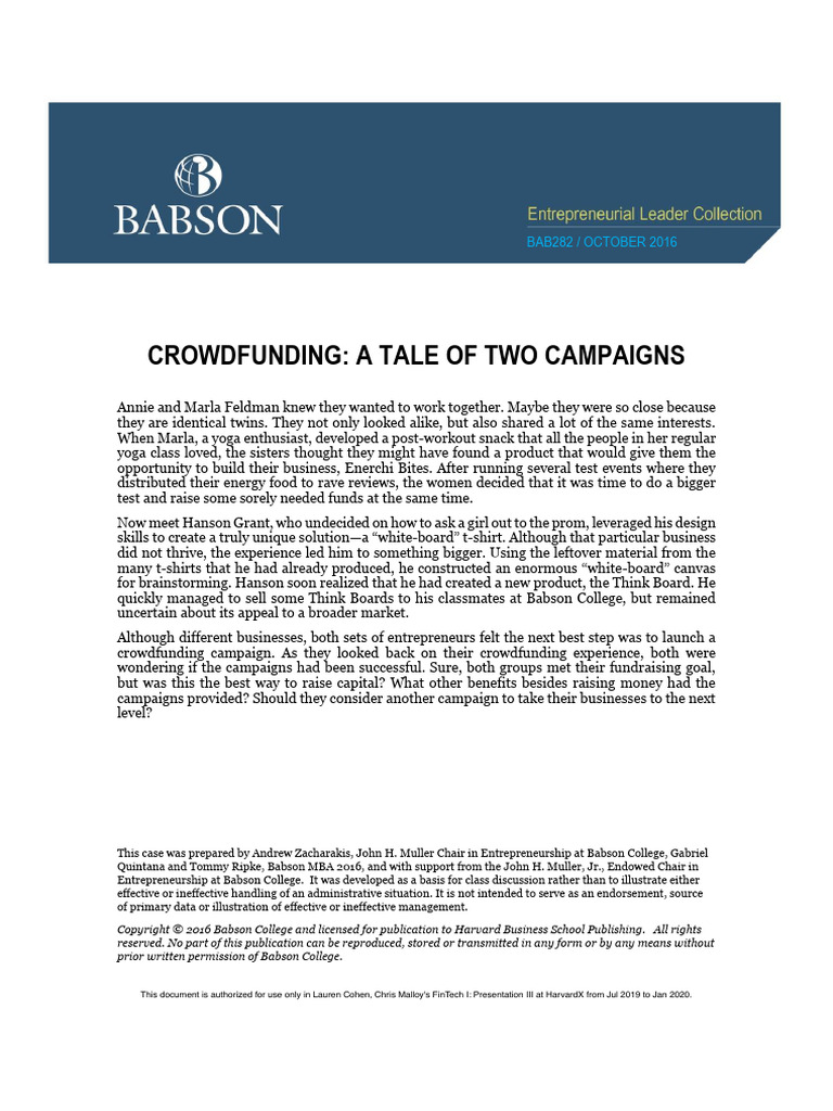 M2 - Crowdfunding-A Tale of Two Campaigns by Andrew Zacharakis John H ...