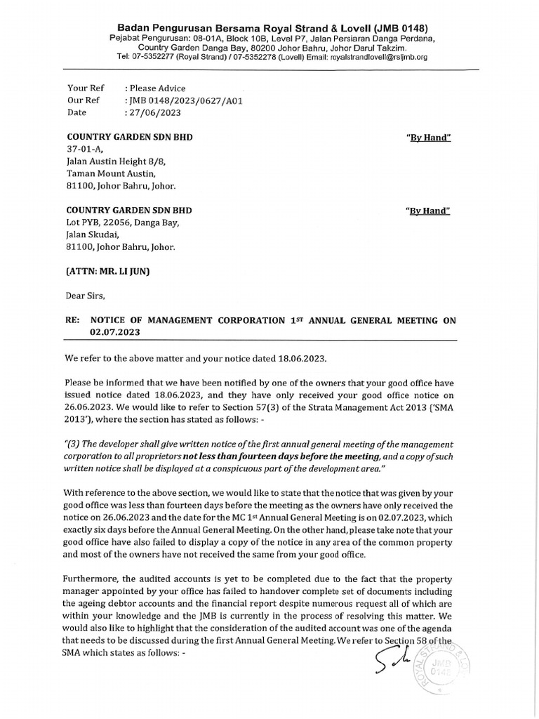 (English) JMB Letter To The Developer Regarding The 1st MC AGM | PDF
