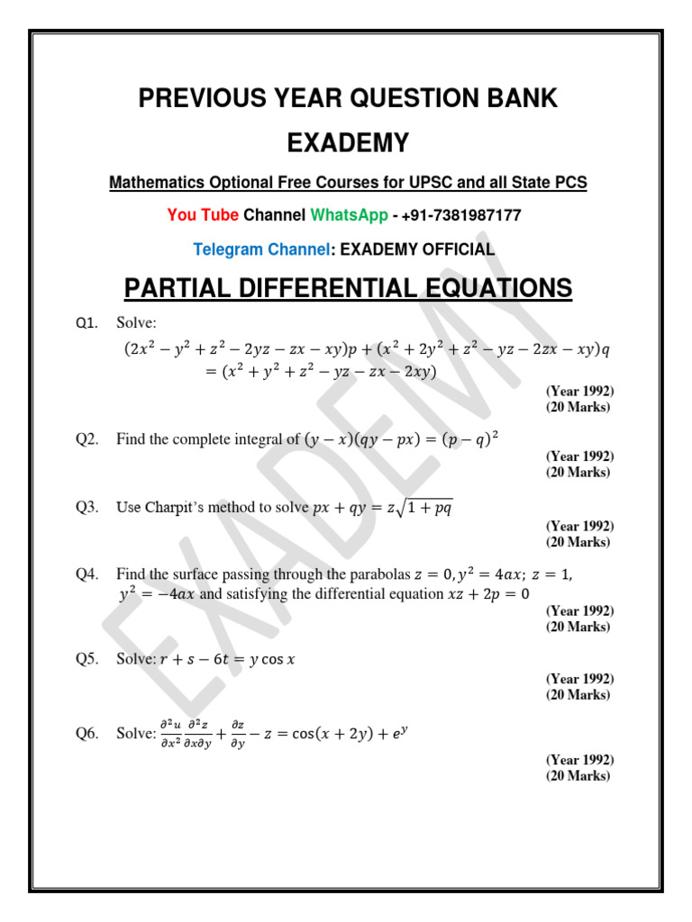 Previous Year Question Bank Exademy | Download Free PDF | Equations | Partial Differential Equation