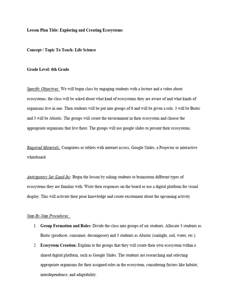 Exploring and Creating Ecosystems Lesson Plan 1 | PDF | Ecosystem ...