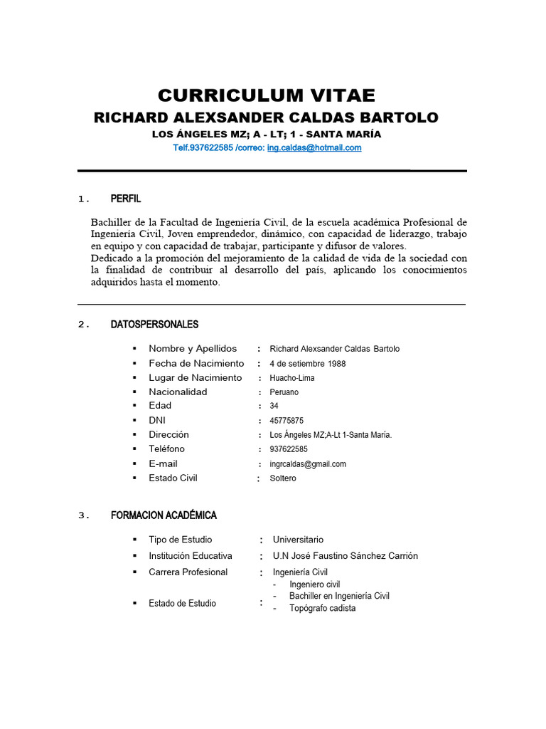 Currículum de Richard Caldas Bartolo | PDF | Ingeniería