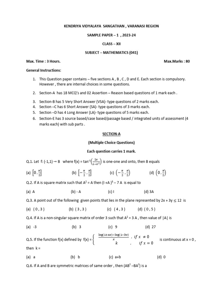 Sample QP XII Maths 2023-24 | PDF | Matrix (Mathematics) | Functions And Mappings
