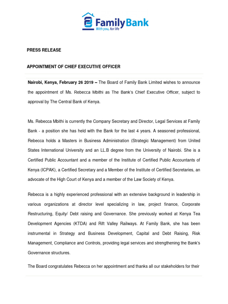 CEO Announcement Press Release | PDF | Banks | Kenya