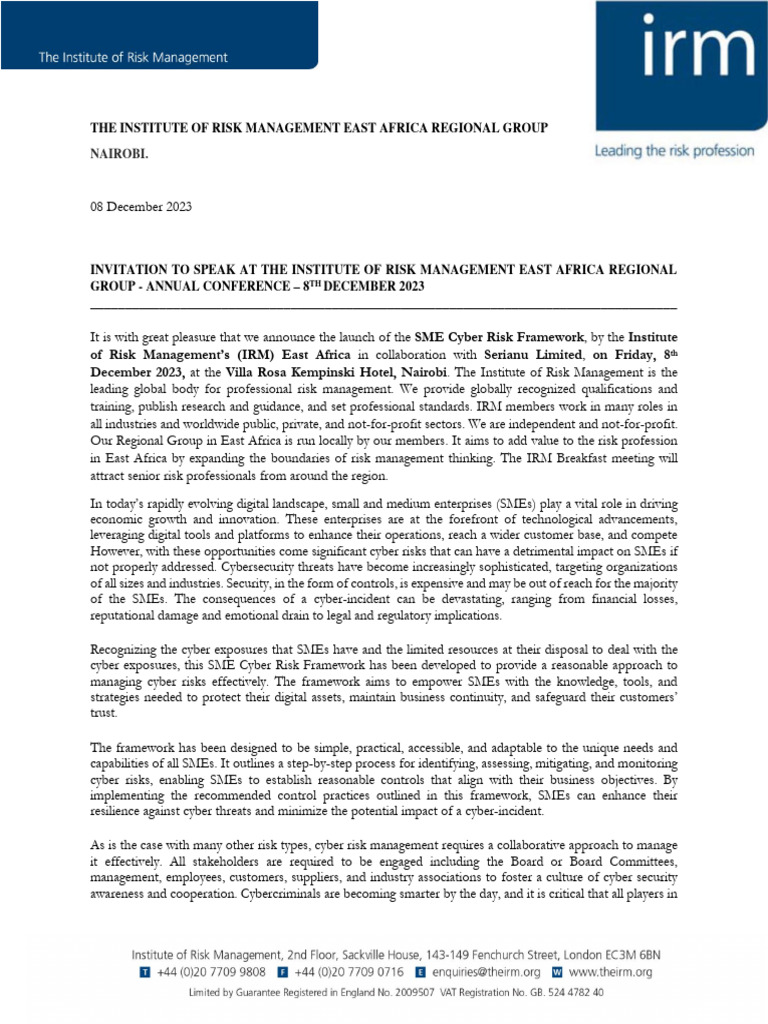 IRM SME Cybersecurity Framework Launch 08.12.23 Press Release | PDF | Computer Security | Security