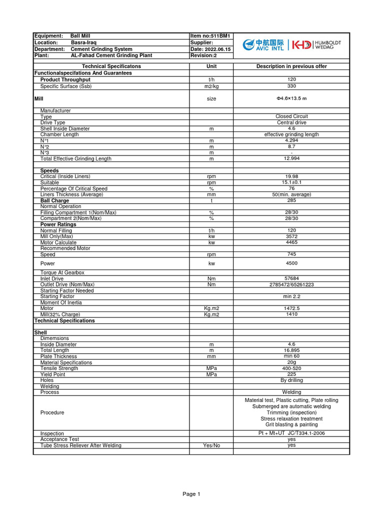 Cement Mill 4.6x13.5 Technical Specification-20220615 | PDF | Electric ...