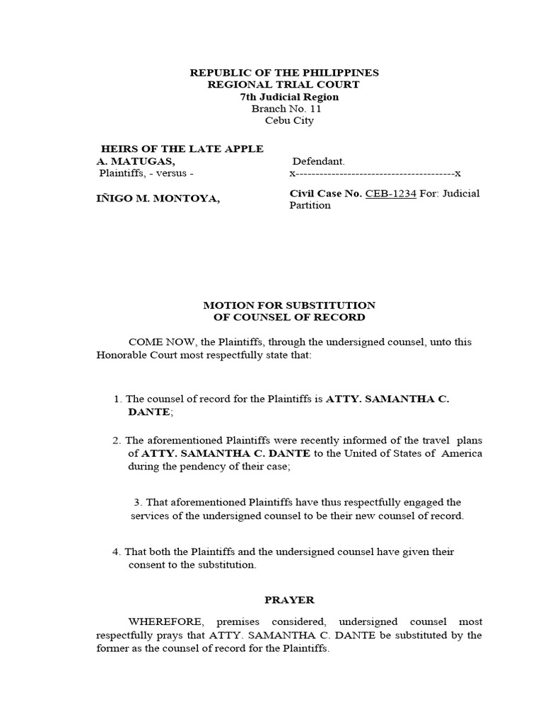 Motion For Substitution of Counsel of Record Sample | PDF | Government ...